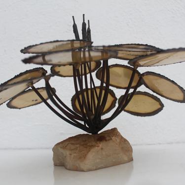 Vintage Brutalist Torch Cut Cattail And Lily Pad Table Sculpture ...