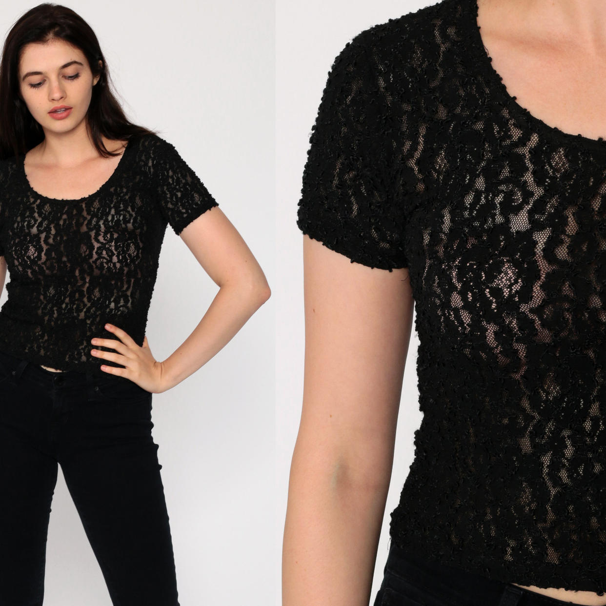 Black Lace Crop Top 90s SHEER Lace Shirt | Shop Exile - Tucson, AZ | ATTIC