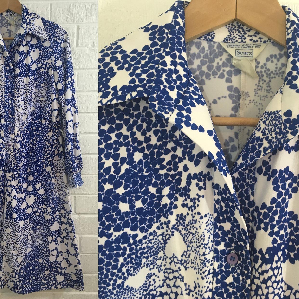 Vintage Sears Hearts Shirt Dress A-Line Blue Cobalt | Check Engine ...