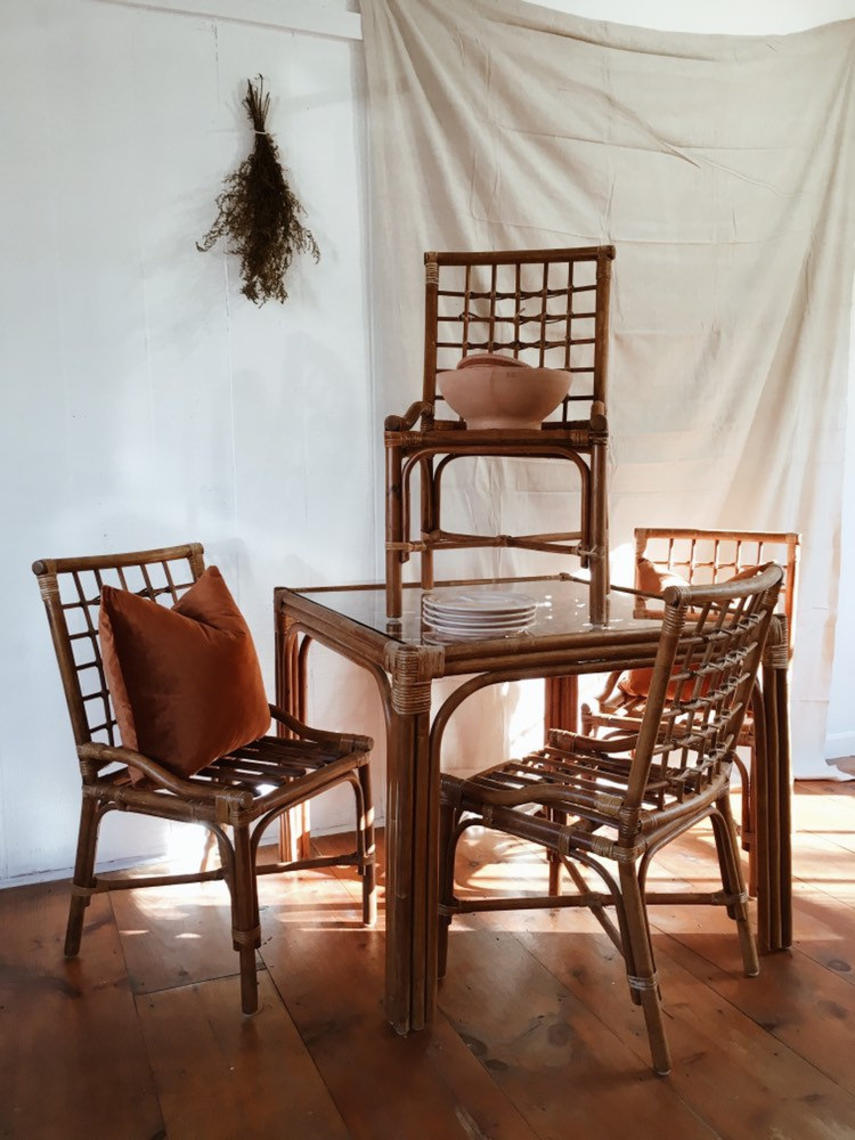 Vintage Rattan Dining Set, 4 Rattan Dining Chairs, Rattan Glass Square ...