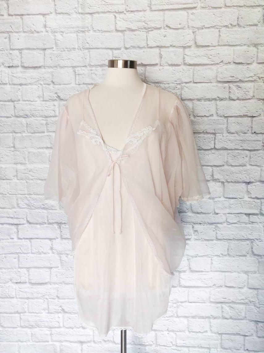 Vintage 80s Sheer Pink Nightgown And Pegnoir Set Gem Vintage