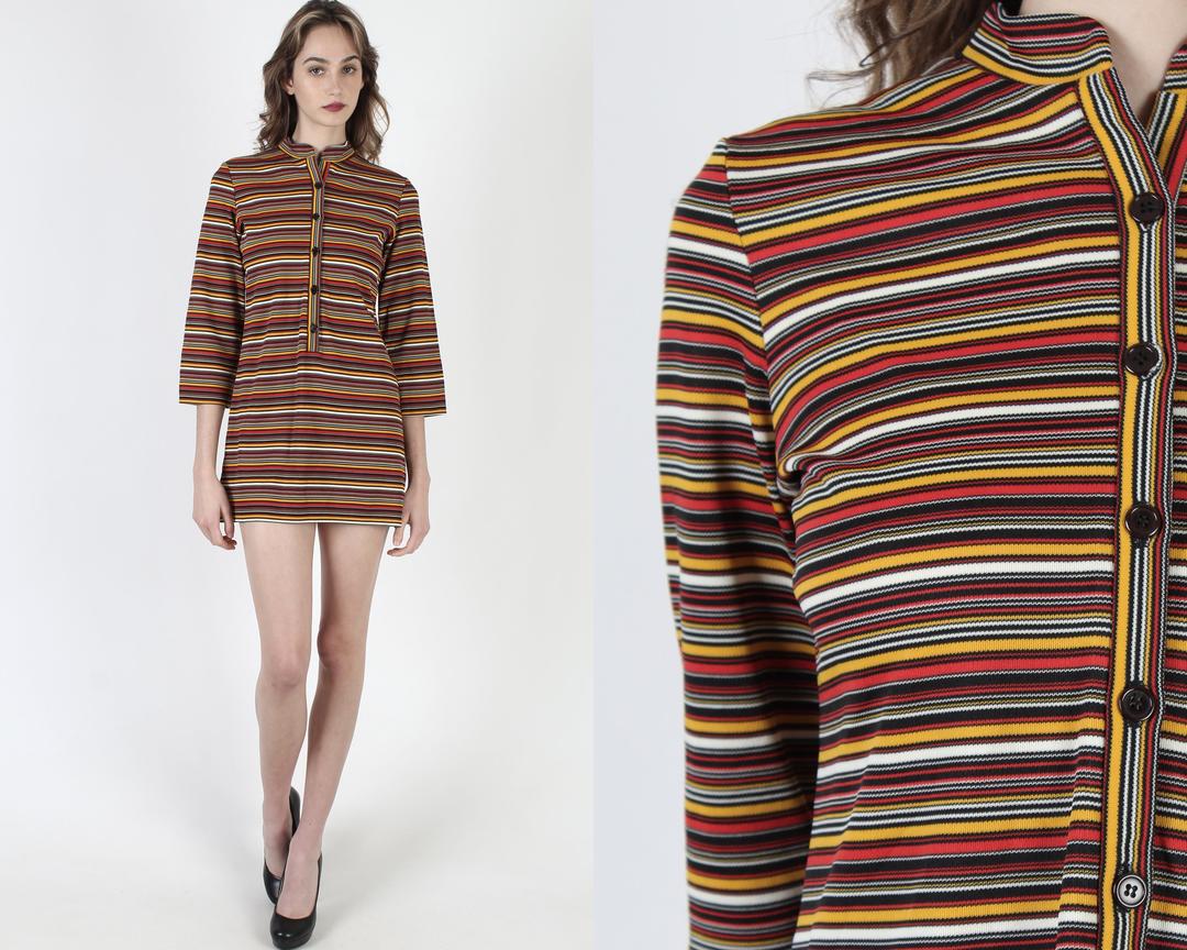 Rainbow Striped Micro Mini Dress / Thin Horizontal Geometric Print ...