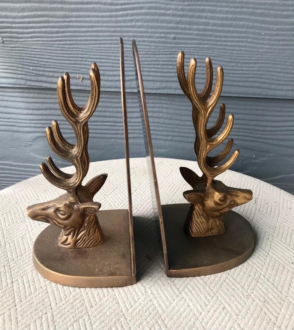 Vintage Brass Deer Stag Head Bookends | Deborah's Antiques | Austin, TX