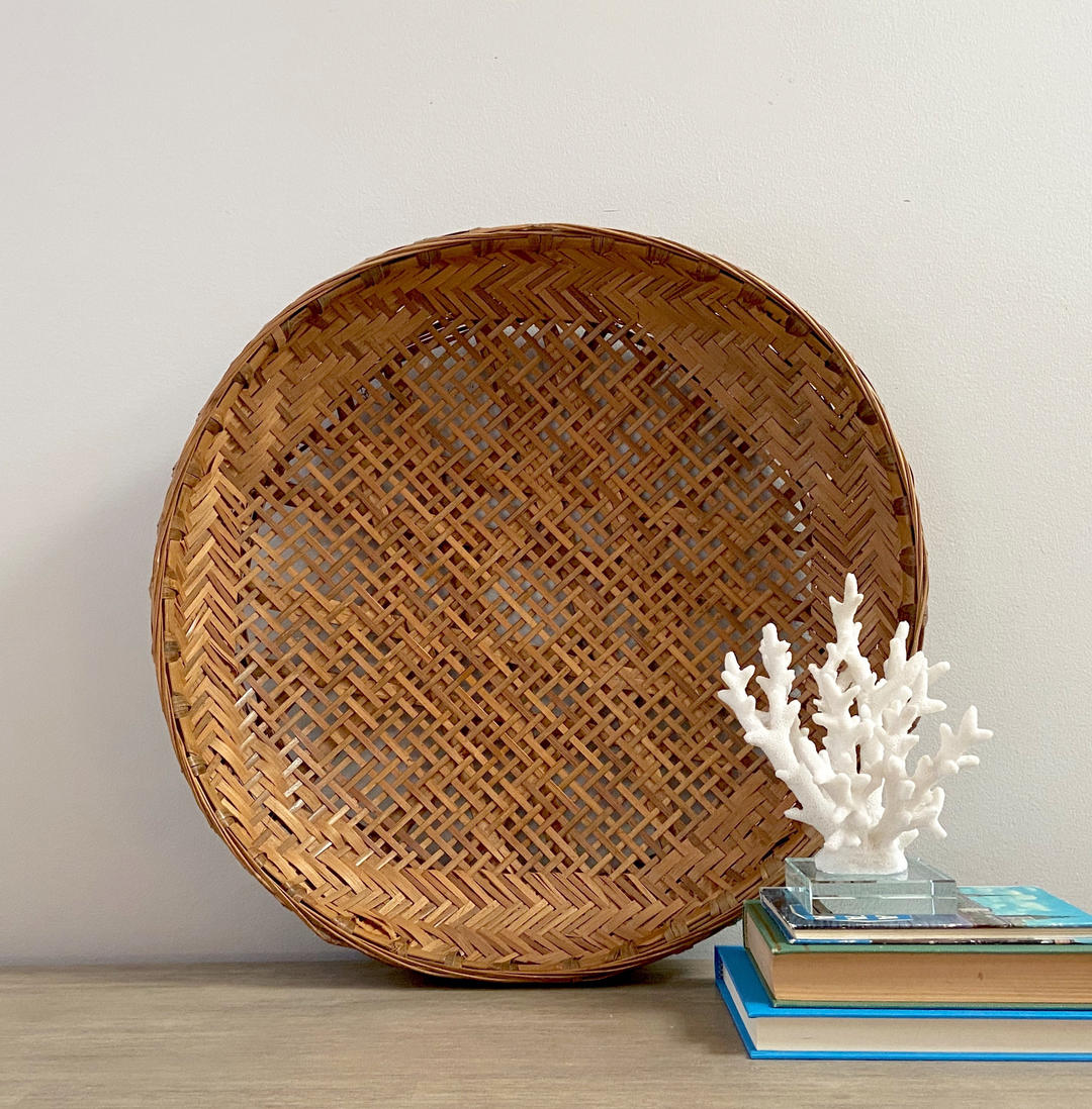 Large Round Basket Tray 19" Woven Bamboo Rattan Winnowing Shallow | Mod ...