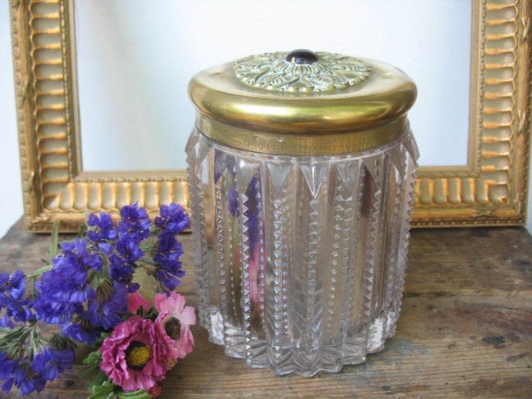 Antique Heavy Cut Glass Humidor With Brass Lid With Gem, | Luckduck ...