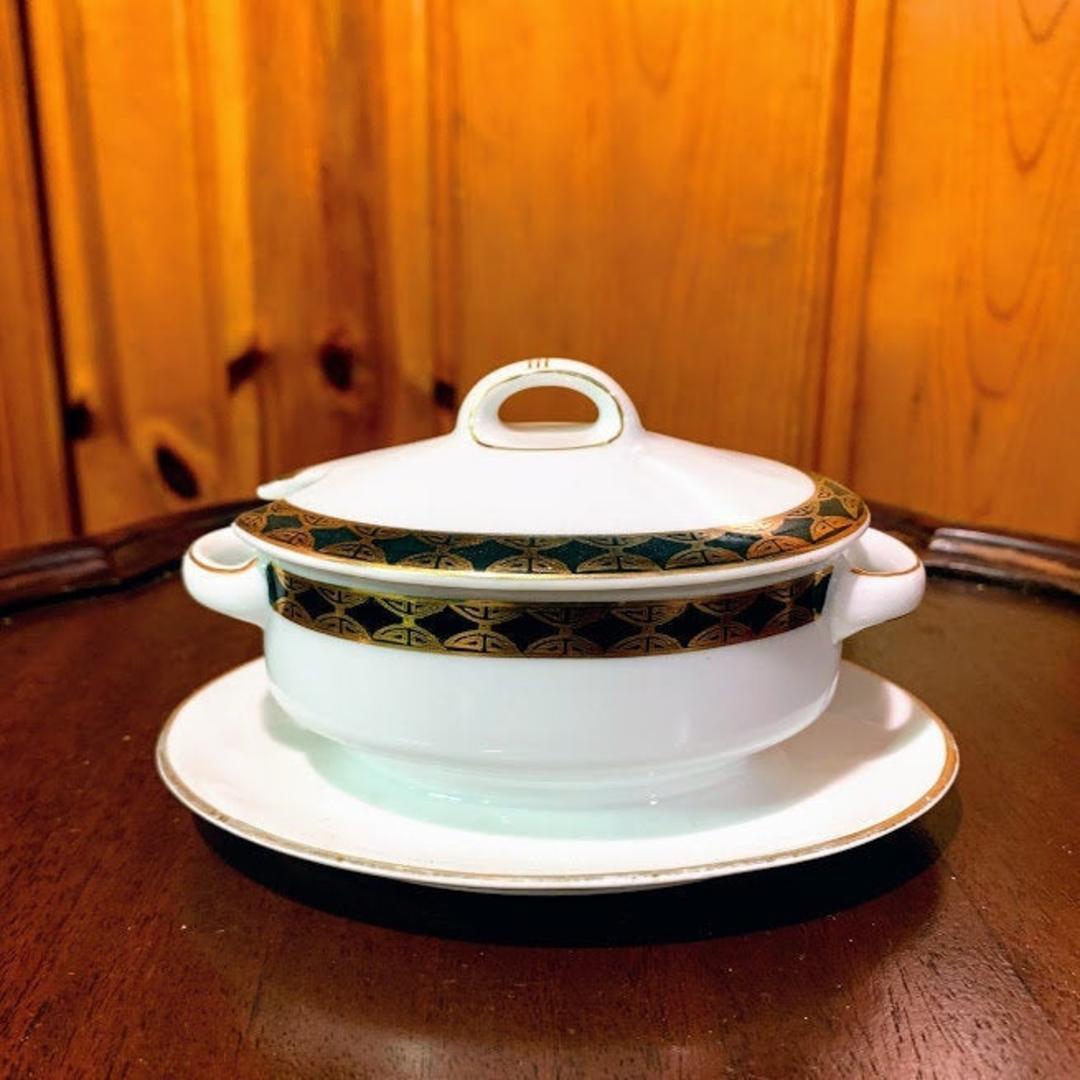 Vintage Czechoslovakia Small Condiment Dish with Dark Green and Gold ...