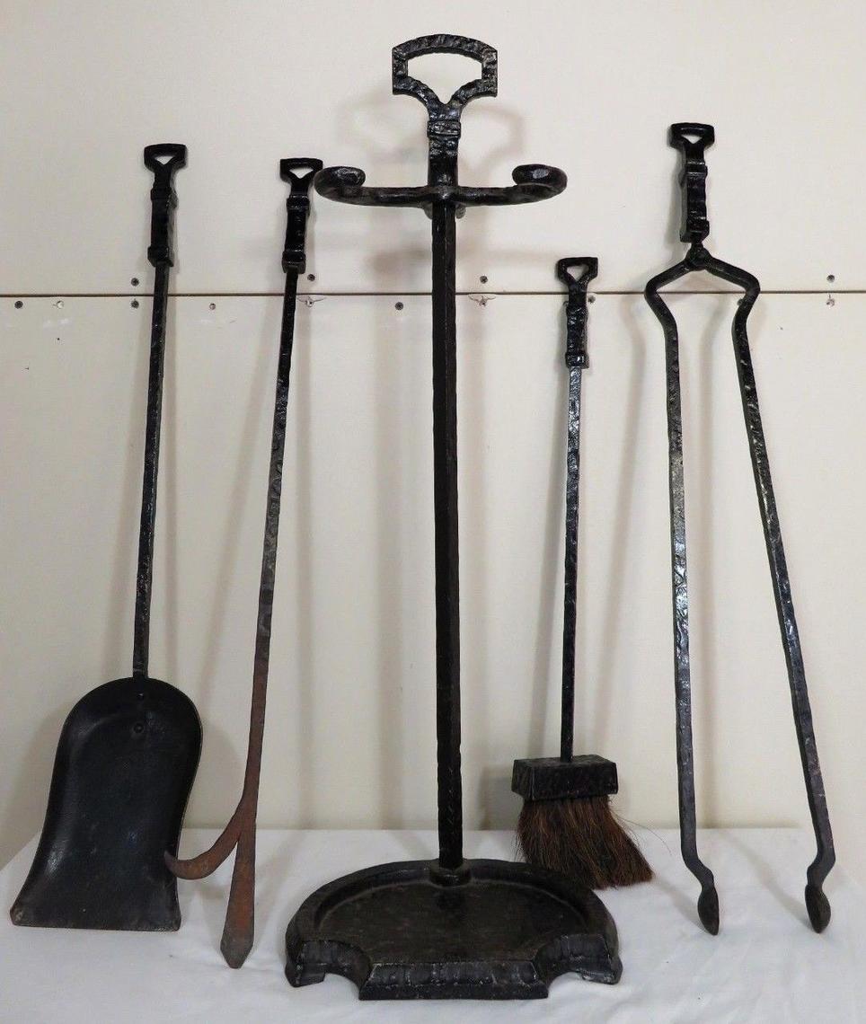 ANTIQUE Arts & Crafts Forged CAHILL CAST IRON FIREPLACE TOOLS SET ...