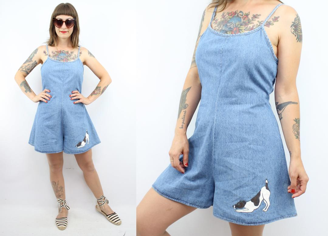 Vintage 90's Denim Romper / 1990's Dogs Jean Short Romper / Summer ...