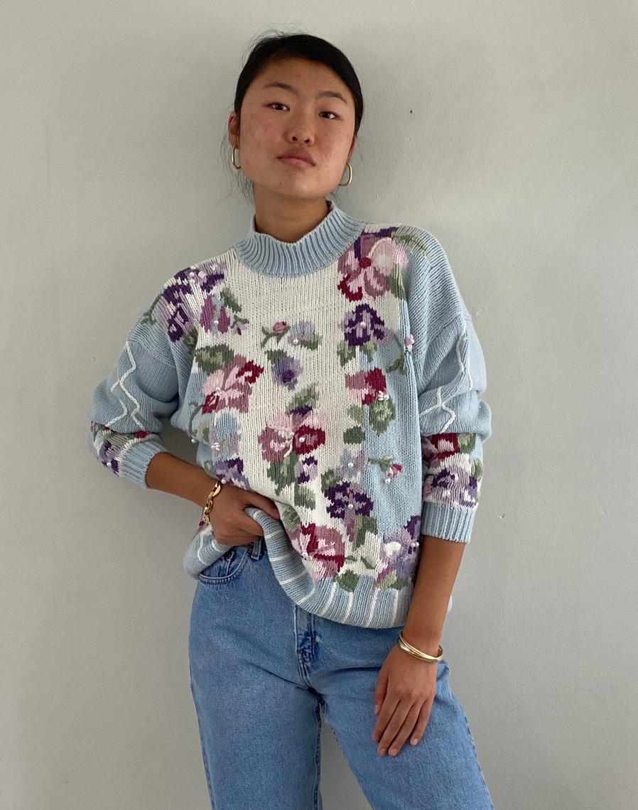 80s pansy knit cotton sweater / vintage hand knit embroidered baby ...