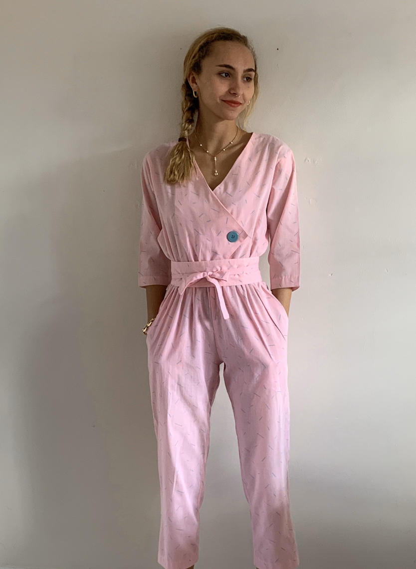 80s cotton jumpsuit / vintage pink cotton cropped wrap front jumpsuit ...