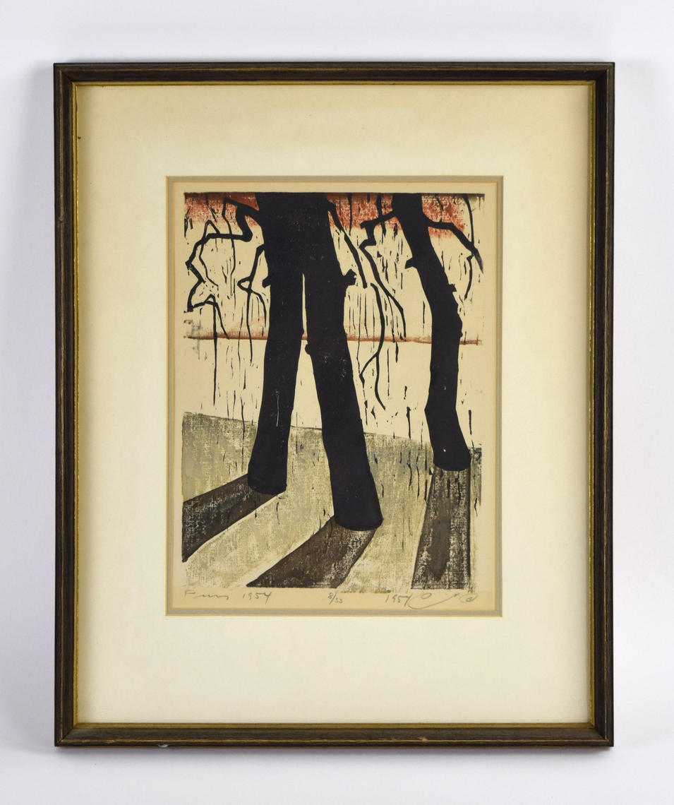 1954 Mid-Century Modern Japanese? Woodblock Print Long Shadow Trees ...