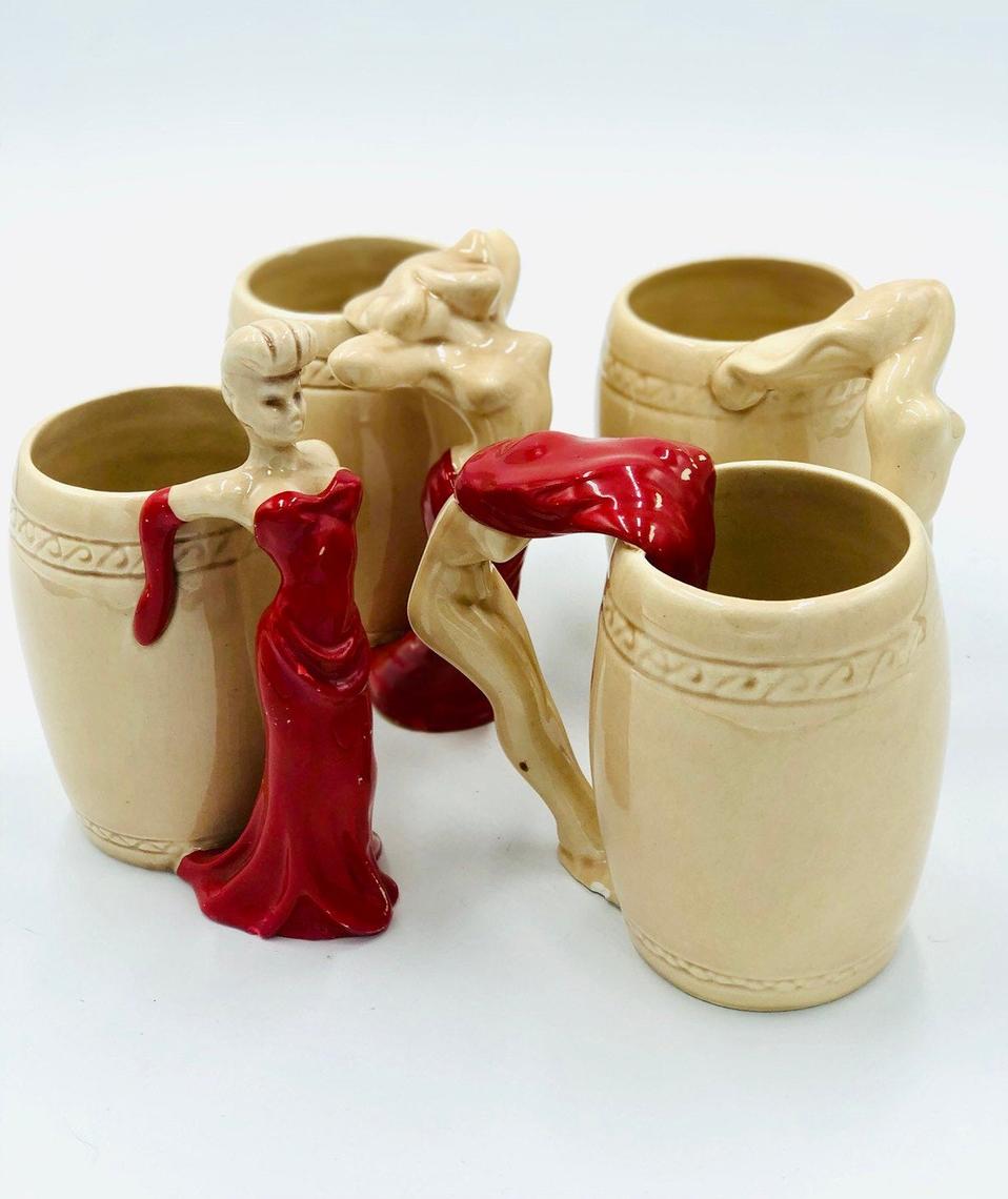 Vintage Dorothy Kindell Mugs, Red Dress, Nude Woman, Barrel Cups ...