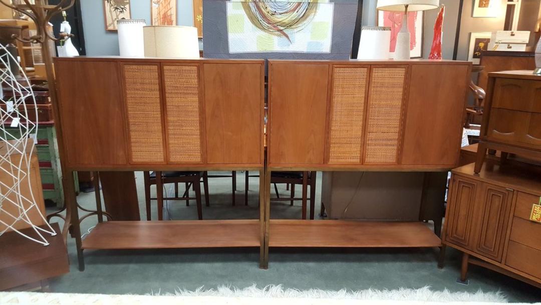 Two Mid-Century Modern walnut bar cabinets with brass bases and | Peg ...