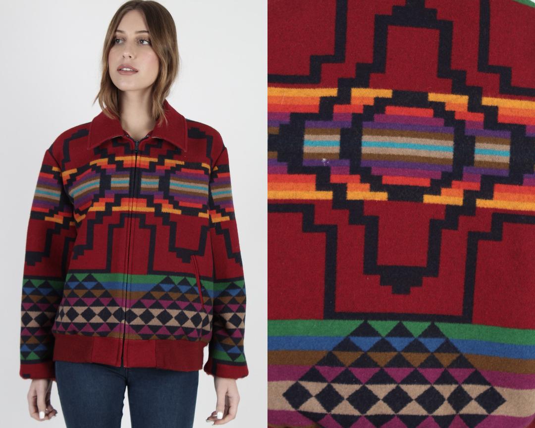 Vintage Burgundy Pendleton Jacket 80s Rainbow Ethnic Striped Pendleton ...