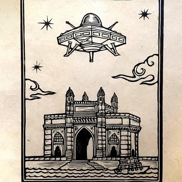 UFO Over Bombay Block Print | Woodcut Emporium - Miami, FL | ATTIC