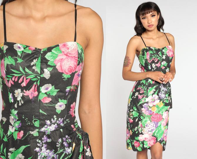 80s Floral Dress Sundress Sweetheart Neckline Dress Pencil Black Party ...