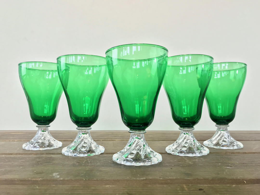 Mid Century Forest Green Footed Water Goblets (Set of 5), Anchor ...