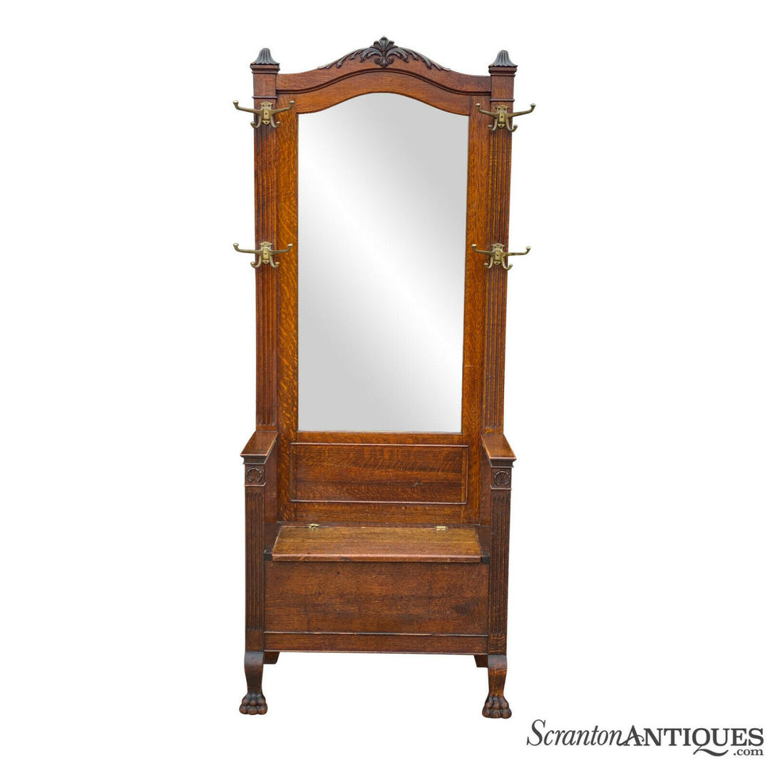 Antique Victorian Quartersawn Oak Entryway Mirrored Hall Tree Bench ...