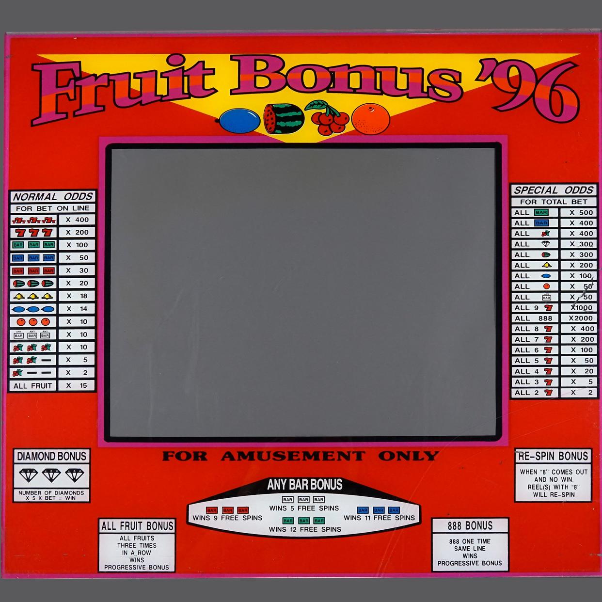 Fruit Bonus 96 Slot Machine Bezel Game Plexiglas Front | Vintage ...