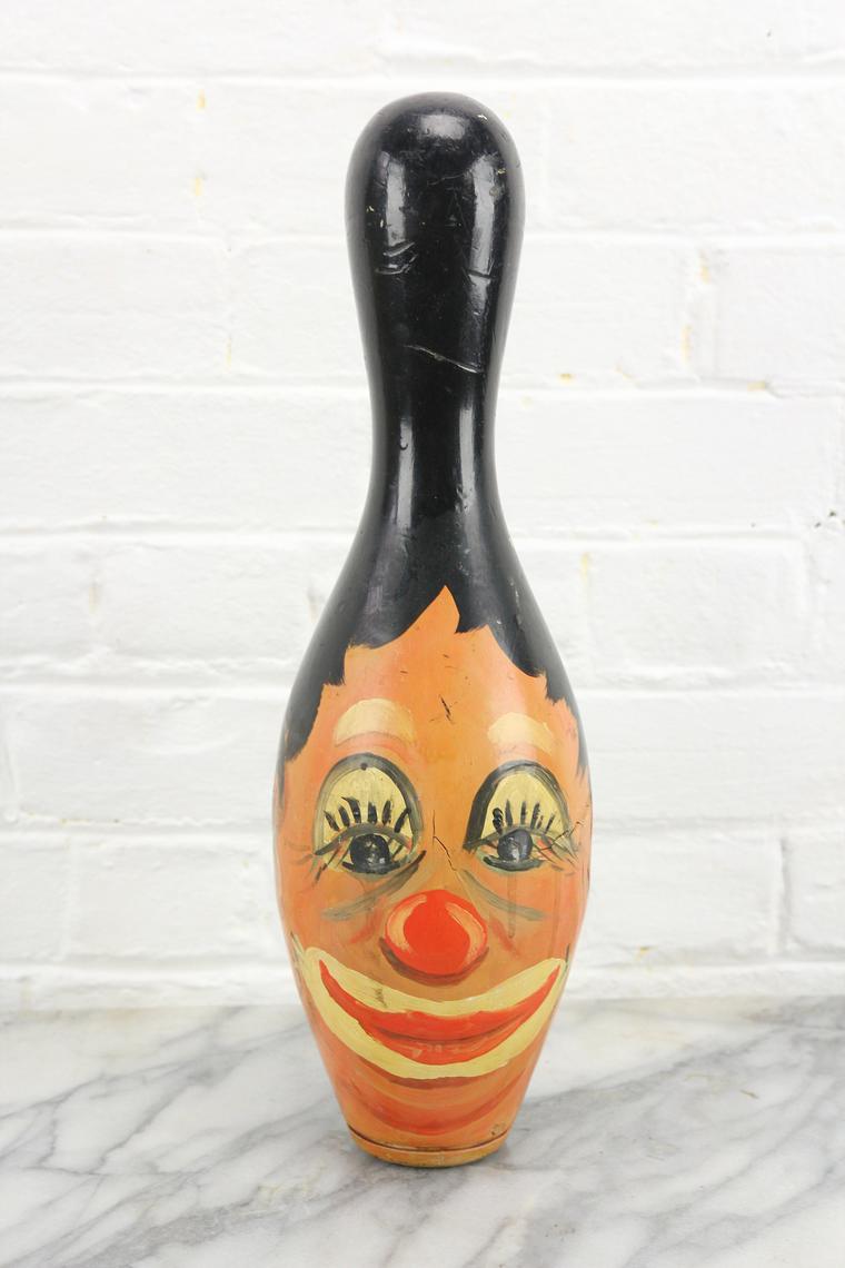 Hand-Painted Clown Face Antique Wooden Bowling Pin | Memory Hole ...