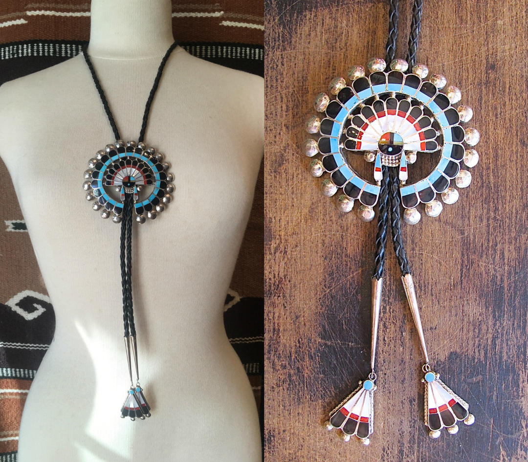 DELGER CELLICION Massive Zuni Sun Face Bolo Tie | Silver, Turquoise ...