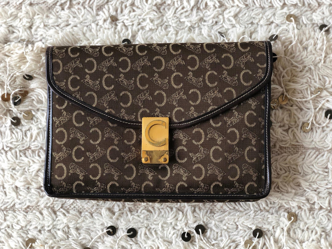 Vintage CELINE Paris Logo Monogram Shoulder Bag Clutch Purse Brown ...