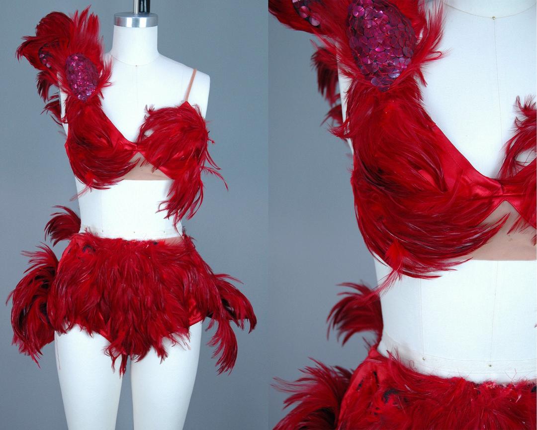 1940s BURLESQUE Costume | Vintage 40s 50s Red Feather Covered Custom ...