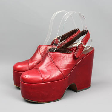 Vintage 70's Red Leather Platform Slingbacks / 1970's Disco | Ruby ...