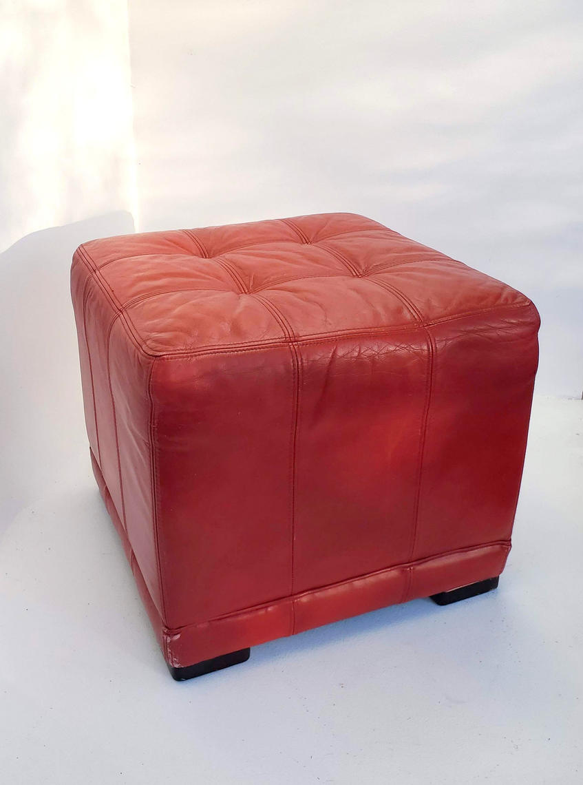 Square Ottoman Mid Century Modern Stitched Red Leather Padded Vintage ...