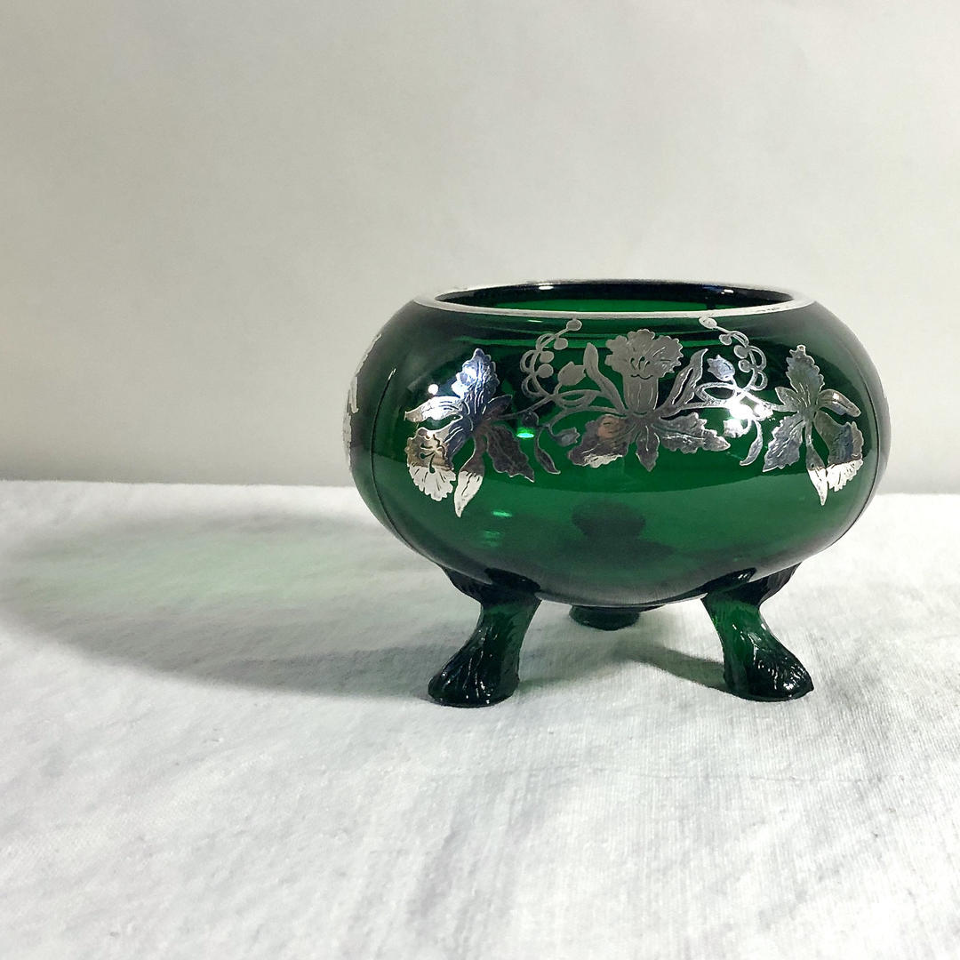 Vintage Viking Glass, Dark Green, Sterling Silver Overlay, Flowerlite ...