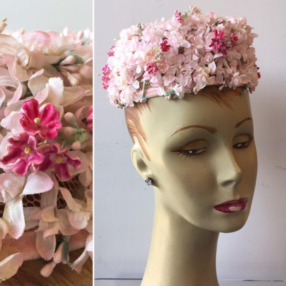 1950s floral hat, gene doris hat, vintage 50s hat, pink | Black Label ...