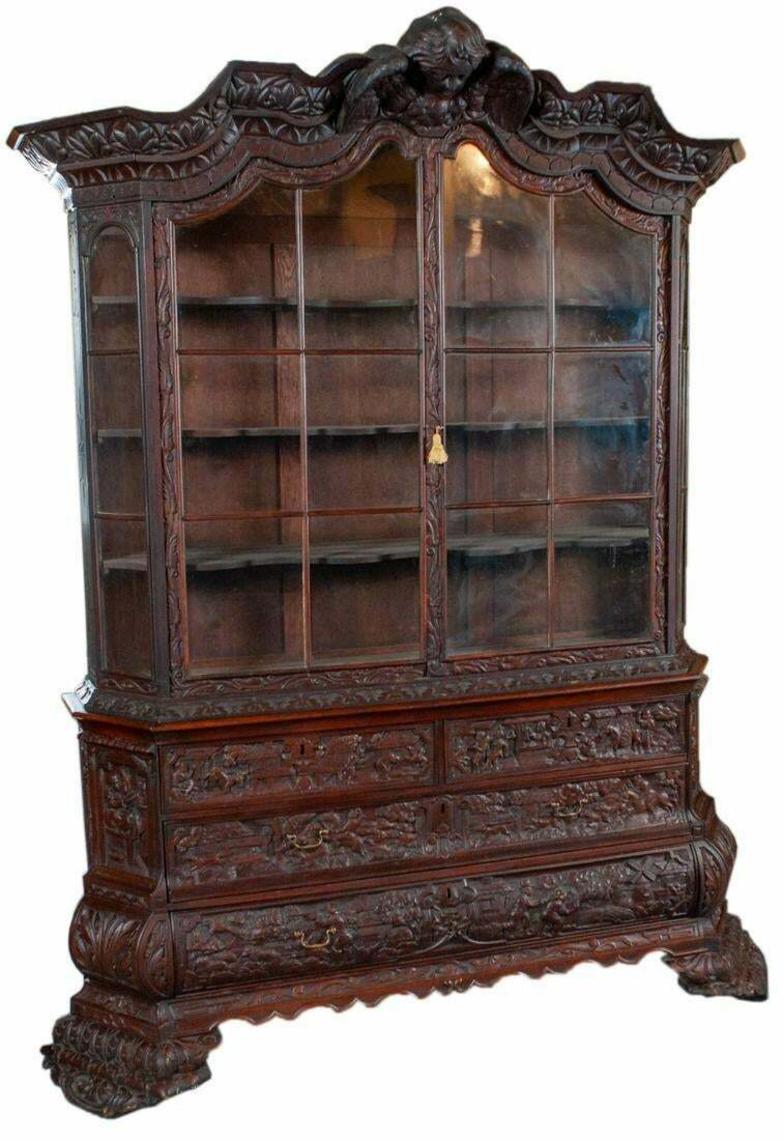 Antique Bookcase, Ornate Highly Carved Wooden Bookcase W / Glass Doors ...