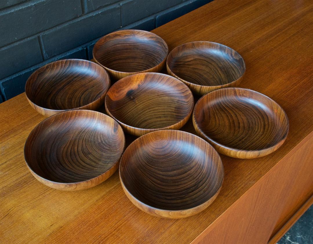 7 Mid-Century Teak Studio Craft Bowls Round Bottom Danish Scandinavian ...