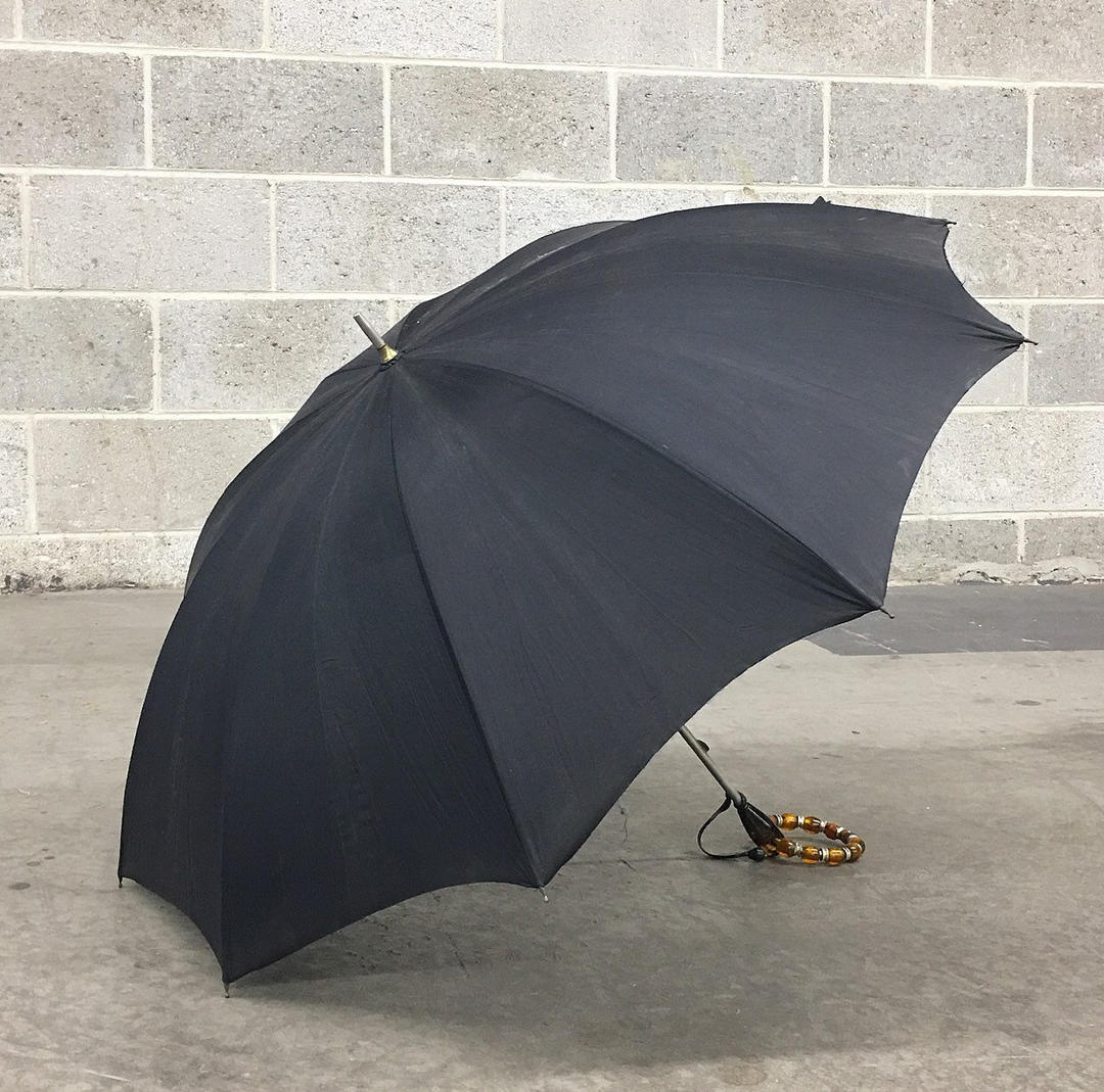 Vintage Umbrella Retro 1960s Black Vinyl Canopy with Orange Plastic ...