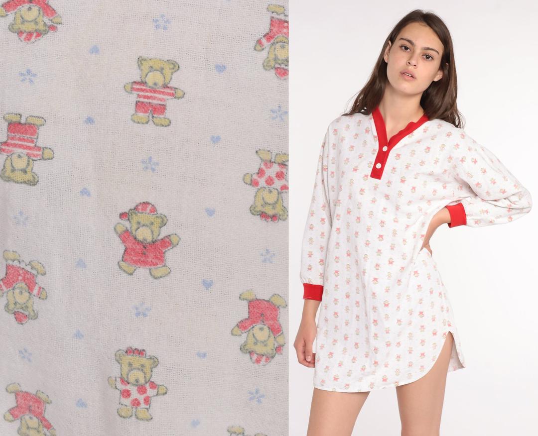 Nightgown Pajama Dress Flannel Teddy Bear Nightie 80s Ringer Pajamas ...