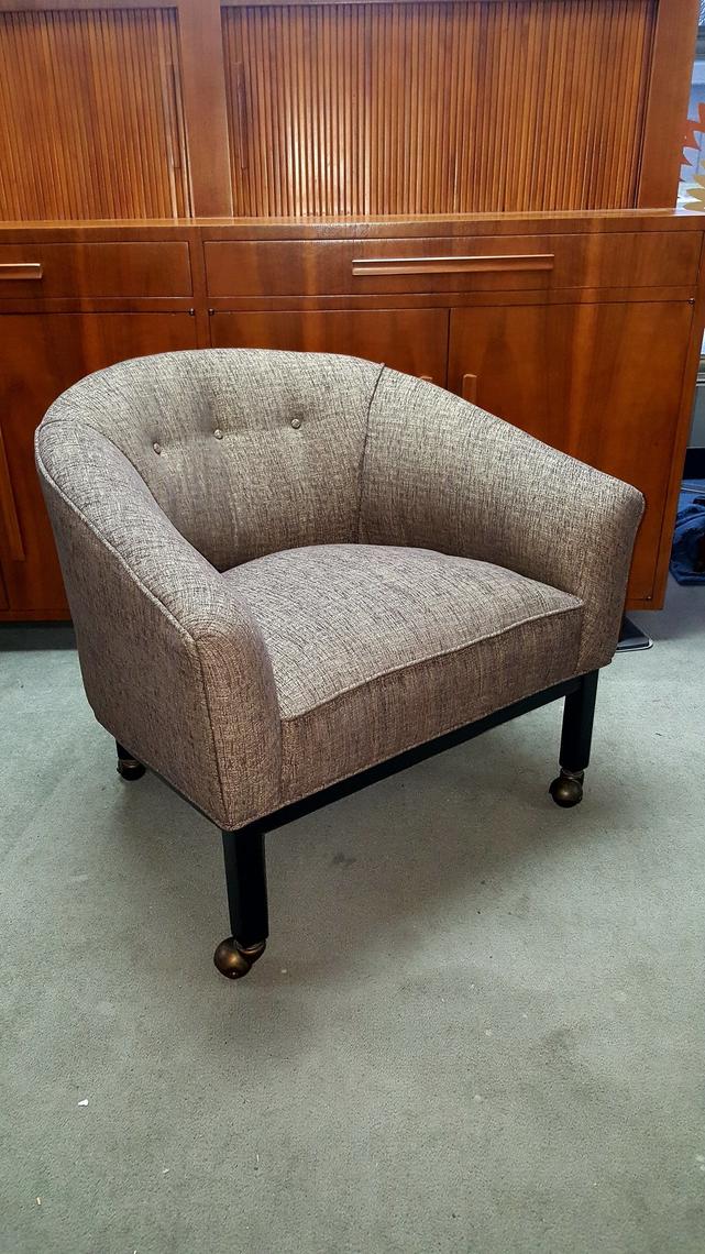 Mid-Century modern Dunbar style barrel chair with new tweed upholstery ...