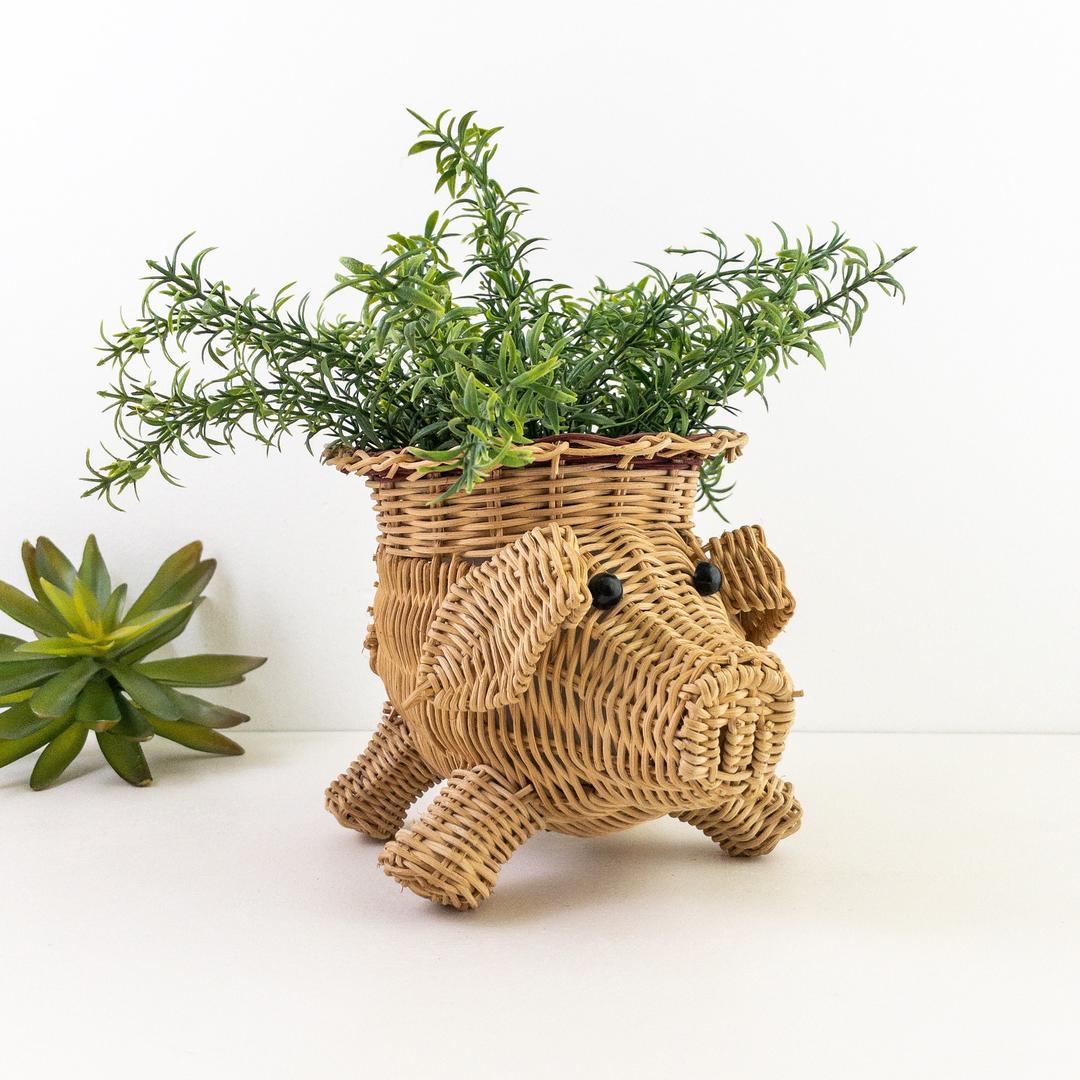 Wicker Pig Plant Holder, Woven Rattan Animal Basket, Vintage Wicker ...
