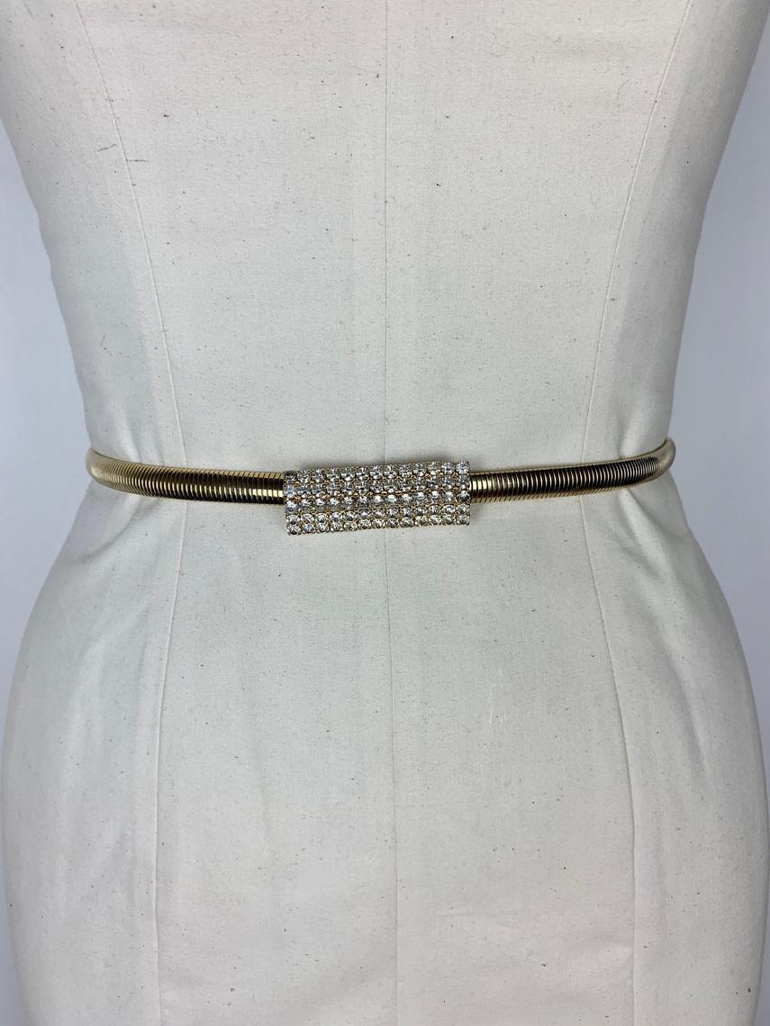 Vintage 80s Gold Snake Chain Belt Rhinestone 1980s Stretchy Elasticated ...