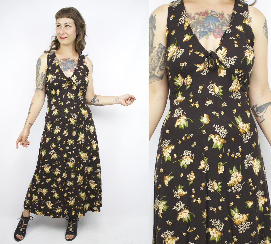 Vintage 90's Black Floral Midi Dress / Contempo Casuals Dress / rayon ...