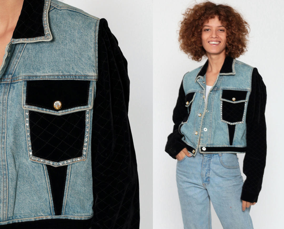 Velvet Denim Jacket 90s RHINESTONE STUDDED Jean Jacket Beaded Blue ...