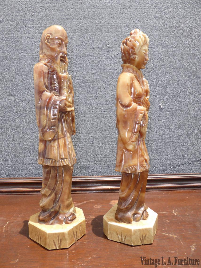Pair Vintage Oriental Asian Style Man & Woman Marble Statues Sculptures ...