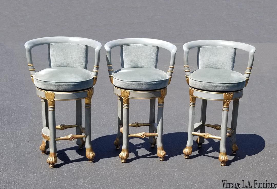 Three Vintage French Provincial Rococo Blue Velvet Swivel Bar Stools ...
