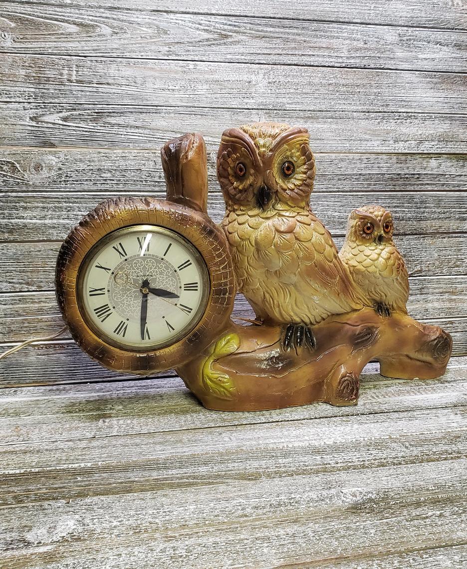 LARGE Vintage Owl Clock, Lanshire Chalkware Mantel Clock, Momma Owl ...