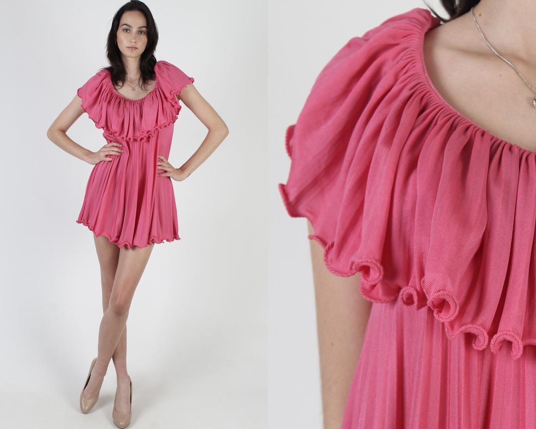 Vintage 70s Bright Pink Mod Dress / Disco Dance Ruffle Pleated ...