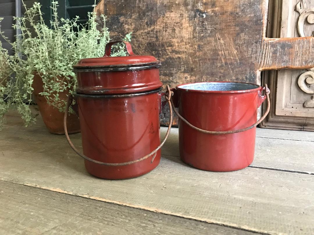 French Enamel Cooking Pot Set, Lidded with Handle, French Farmhouse ...