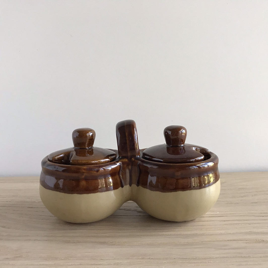 Double Condiment Server with Lids, Small Divided Stoneware Pottery with ...
