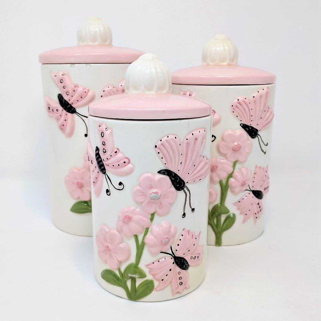 Vintage Ceramic Pink Flower and Butterfly Canister Set | Antique to ...