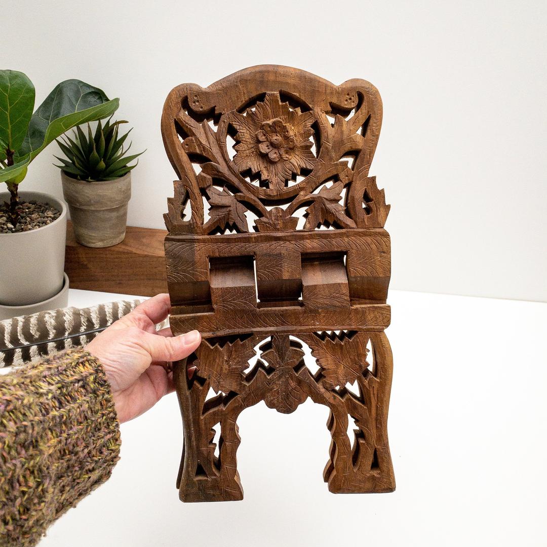 Vintage Carved Wood Book Stand | Wooden Book Display | Ornate Folding ...