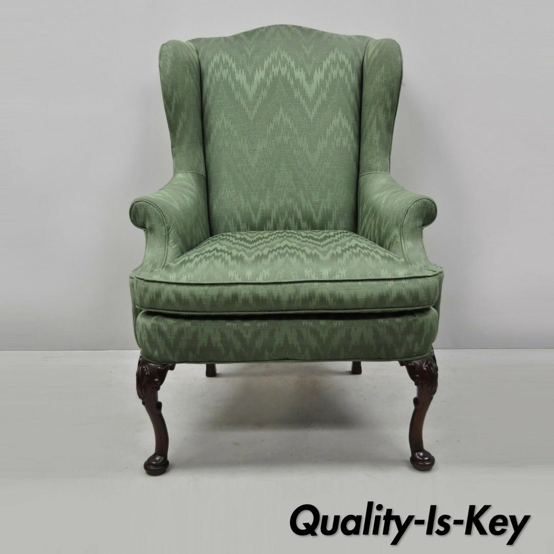 Vintage Queen Anne Style Green Upholstered Wingback Chair by Key Quality is Key Philadelphia