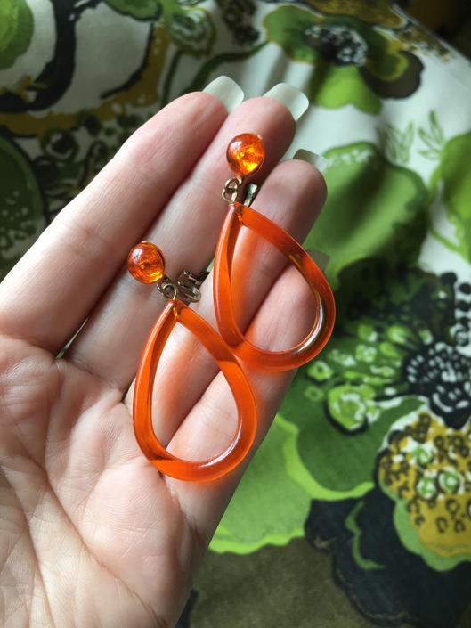 1960s lucite earrings orange hoop earrings clip on drop earrings Black Label Vintage Tacoma WA